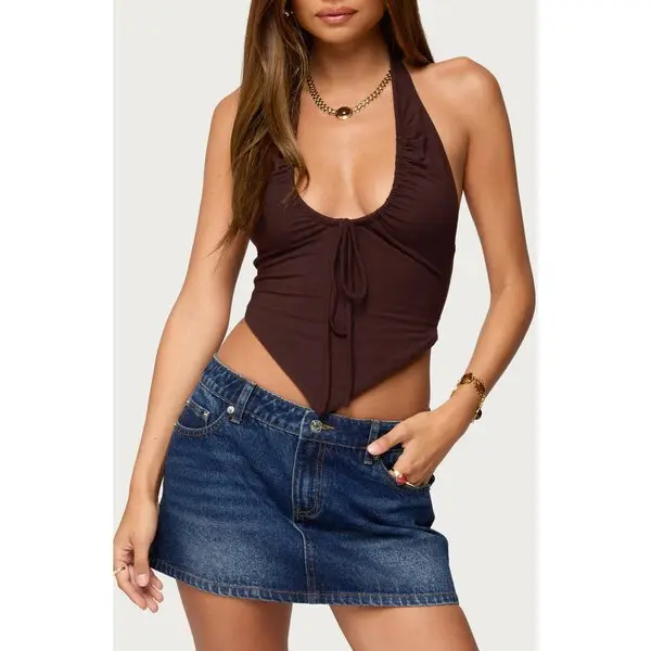 EDIKTED Halter Open Back Top - Brown