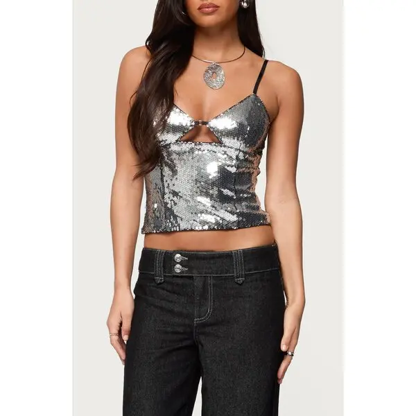 EDIKTED Sequin Keyhole Crop Camisole