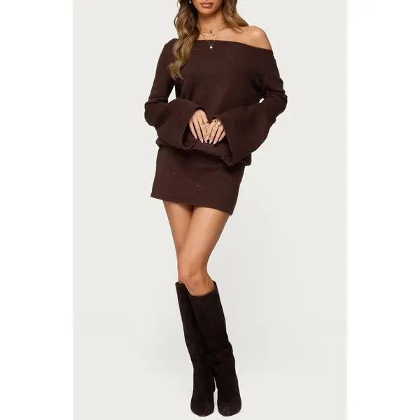 EDIKTED Off-the-shoulder Long-sleeve Sweater Dress - Brown