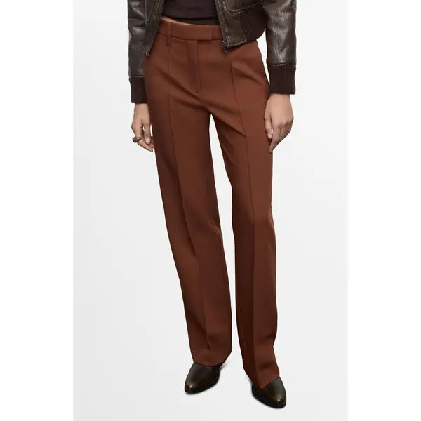 Mango Pleated Straight Leg Pants - Russet