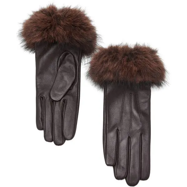 Mango Faux Fur Trim Leather Gloves - Chocolate