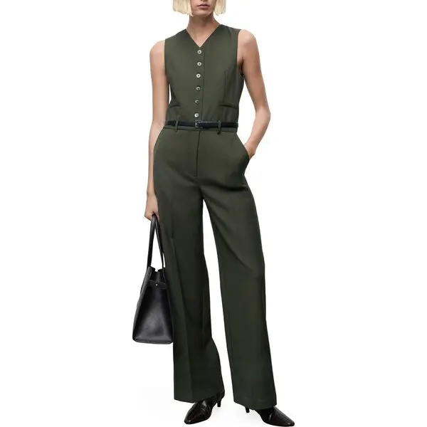 Mango Belted Sleeveless Jumpsuit - Khaki Green