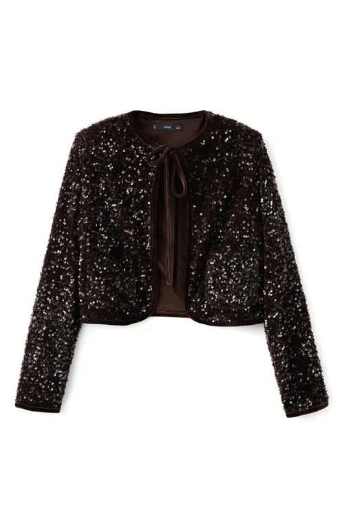 Mango Sequin Velvet Tie Neck Jacket - Chocolate