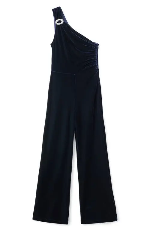 Mango One-shoulder Velvet Jumpsuit - Navy
