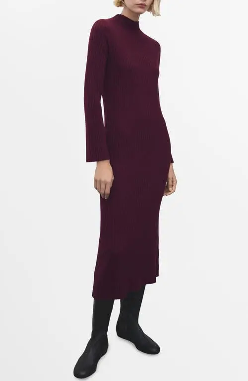 Mango Ribbed Long-sleeve Midi Sweater Dress - Wine