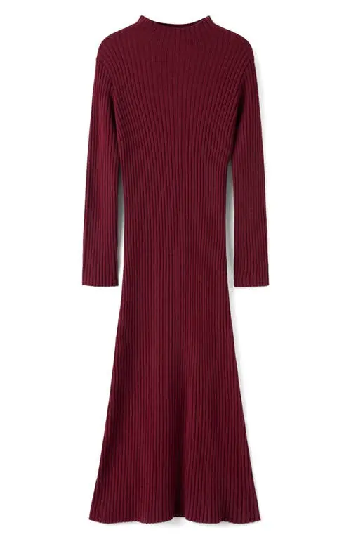 Mango Ribbed Long-sleeve Midi Sweater Dress - Wine