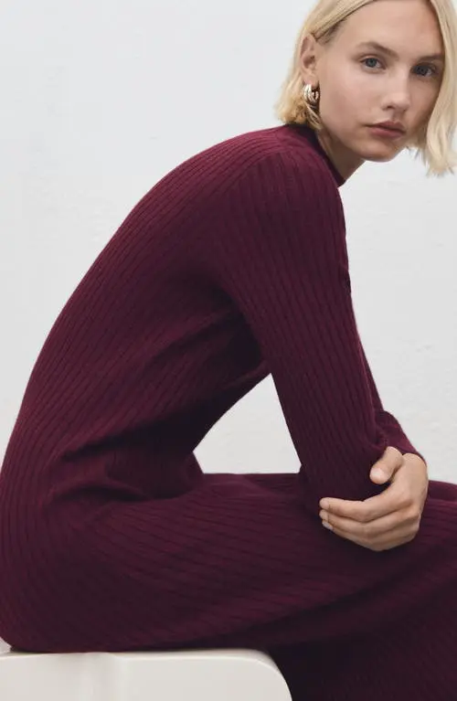 Mango Ribbed Long-sleeve Midi Sweater Dress - Wine