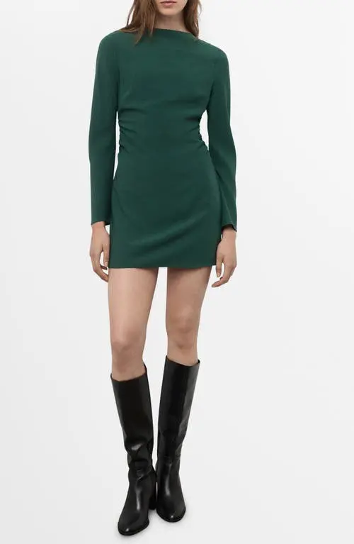 Mango Ruched Bateau Neck Long Sleeve Minidress - Green