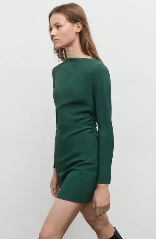 Mango Ruched Bateau Neck Long Sleeve Minidress - Green