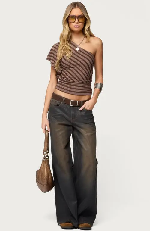 EDIKTED Striped One-shoulder Crop Top - Brown