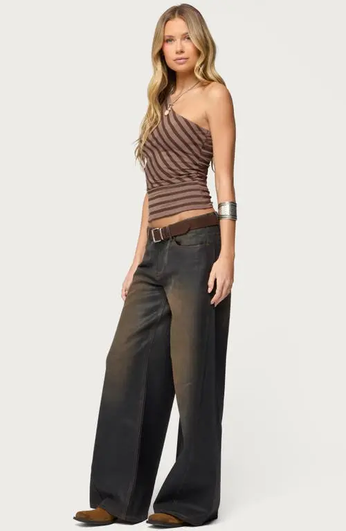 EDIKTED Striped One-shoulder Crop Top - Brown
