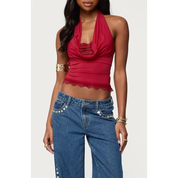 EDIKTED Lacy Cowl Neck Halter Top - Red