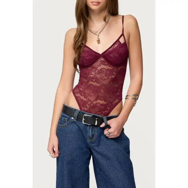 EDIKTED Cutout Lace Bodysuit - Wine
