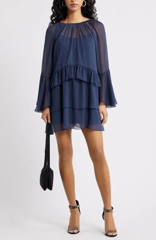 OPEN EDIT Long Sleeve Tiered Chiffon Dress - Navy Iris