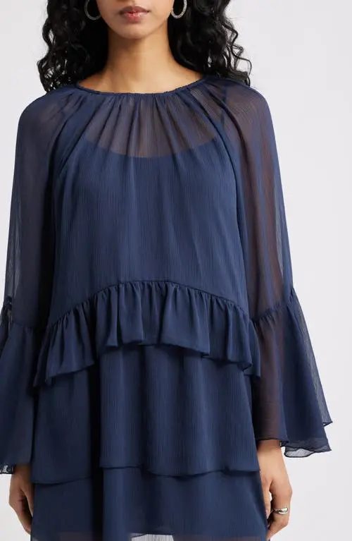 OPEN EDIT Long Sleeve Tiered Chiffon Dress - Navy Iris