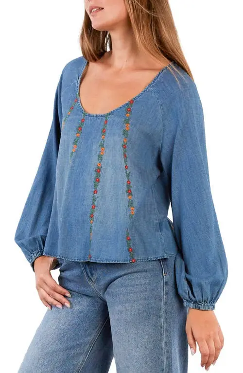 BILLY T Floral Embroidered Top - Denim