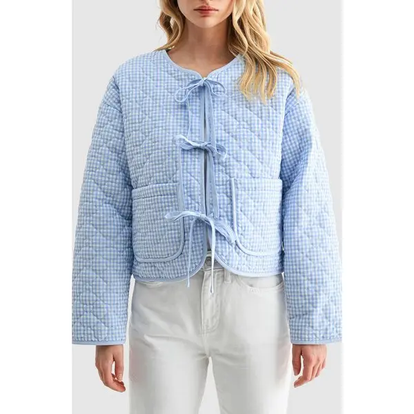 ALL IN FAVOR Gingham Tie-front Quilted Jacket