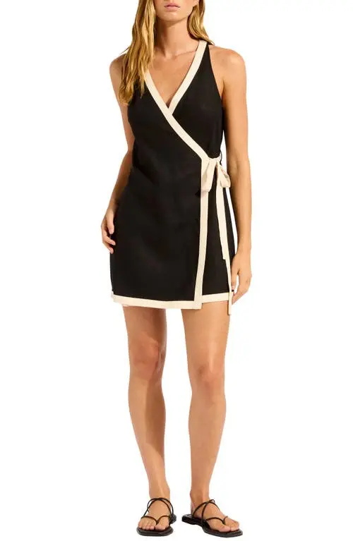 Seafolly Wrap Cover-up Linen Blend Minidress - Black