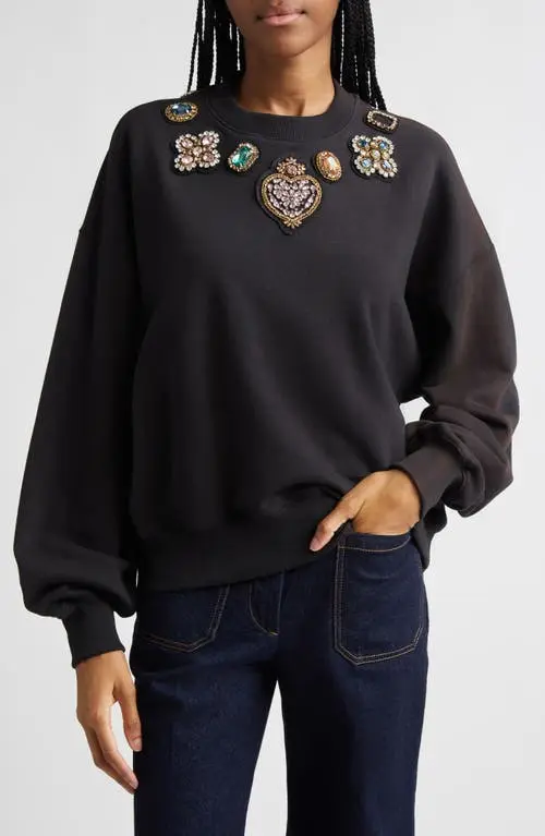 Cinq À Sept Baroque Patches Rhinestone Crewneck Sweater