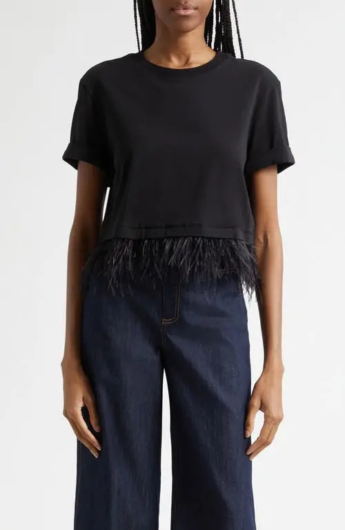 Cinq À Sept Feather Trim Crop T-shirt - Black