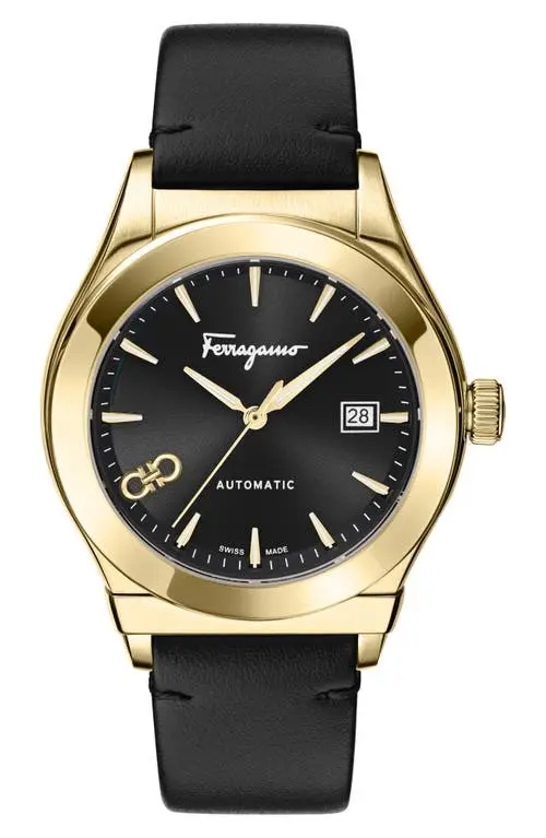 FERRAGAMO 1927 Automatic Leather Strap Watch - Ip Yellow Gold