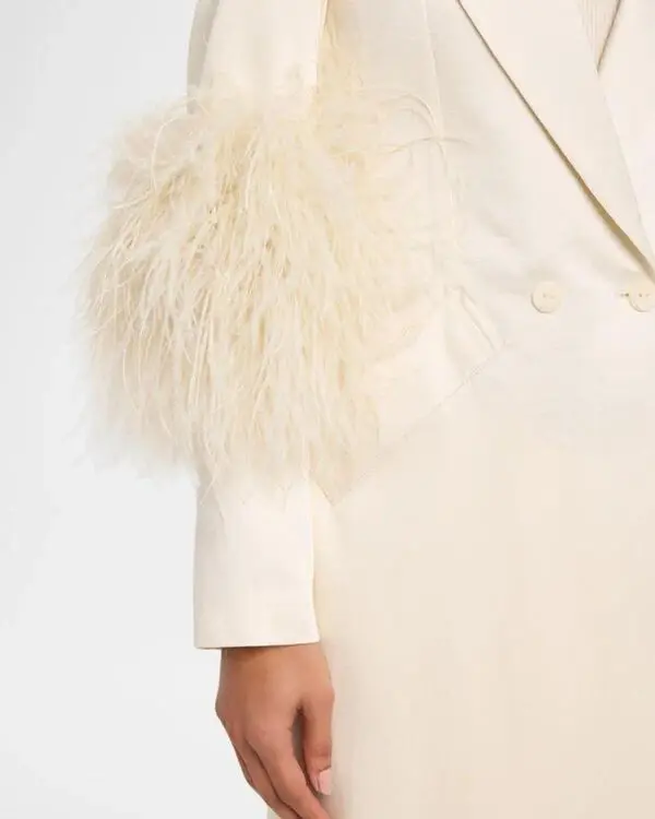 Lapointe Feather-trim Satin Double-breasted Long Coat - Cream