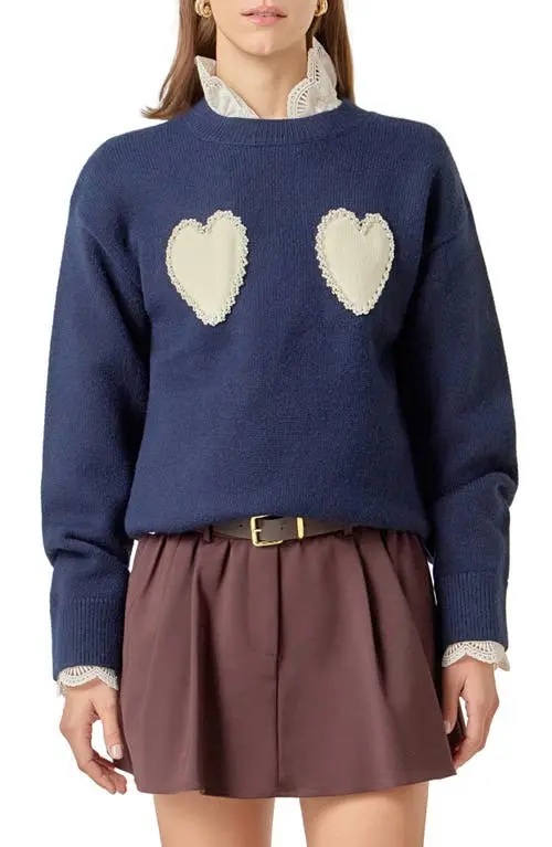 English Factory Faux Pearl Heart Crewneck Sweater - Navy