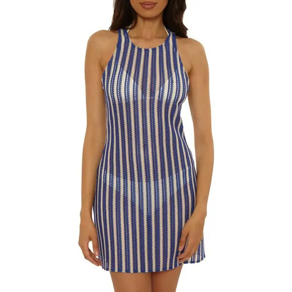 BECCA By Rebecca Virtue Cabo Stripe Sheer Cover-up Minidress - Lapis/tan