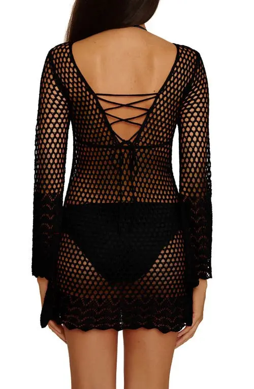 BECCA By Rebecca Virtue Treasure Island Long Sleeve Reversible Open Knit Cover-up Tunic - Black