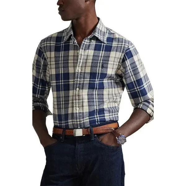Ralph Lauren Classic Fit Brushed Plaid Cotton Button-down Oxford Shirt - Off White Navy Multi