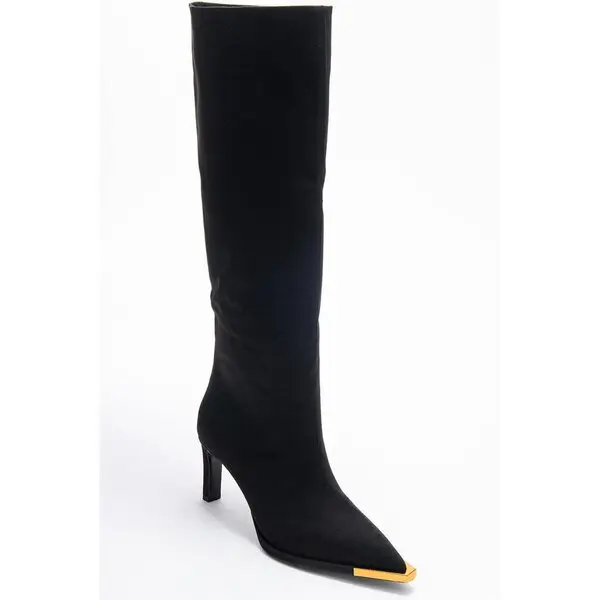 PROLOGUE SHOES Pointed Toe Knee High Boots - Black Suede Faux Leather