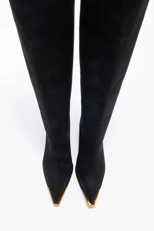PROLOGUE SHOES Pointed Toe Knee High Boots - Black Suede Faux Leather