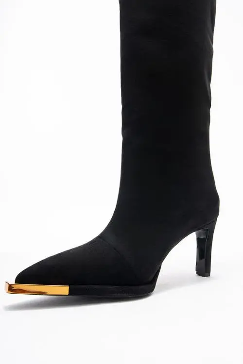 PROLOGUE SHOES Pointed Toe Knee High Boots - Black Suede Faux Leather