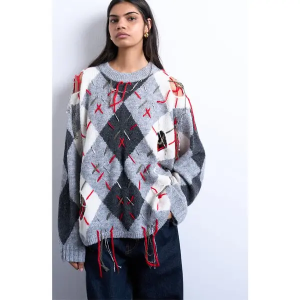 Topshop Oversized Argyle Stitch Sweater - Grey