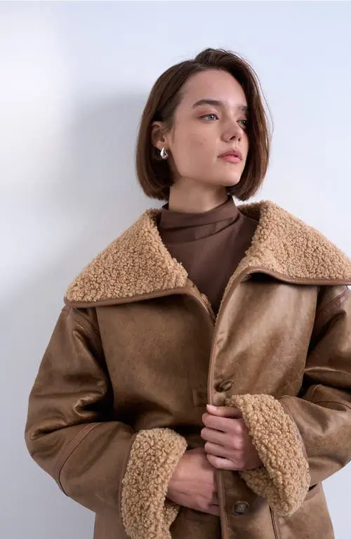 Topshop Patch Pocket Faux Shearling Coat