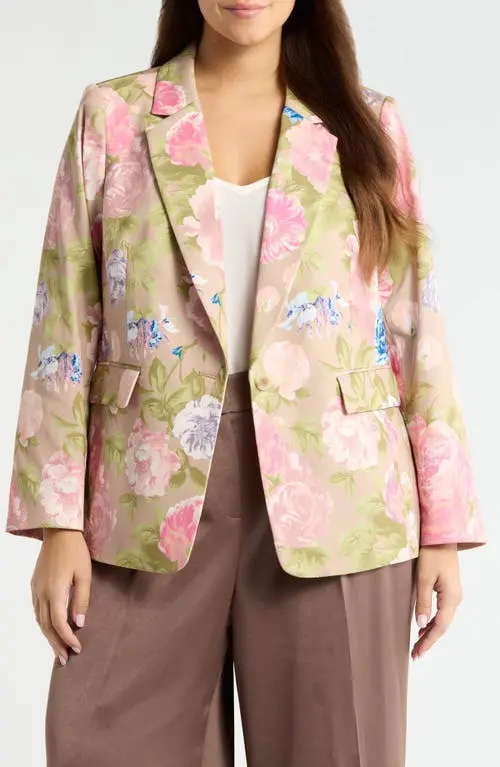 TAHARI ASL Floral Print Sateen Blazer - Taupe Multi