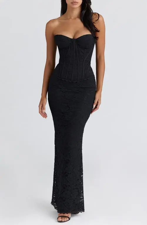 House Of Cb Lace-up Strapless Lace Corset Gown - Black