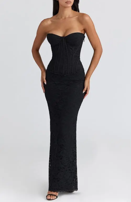 House Of Cb Lace-up Strapless Lace Corset Gown - Black