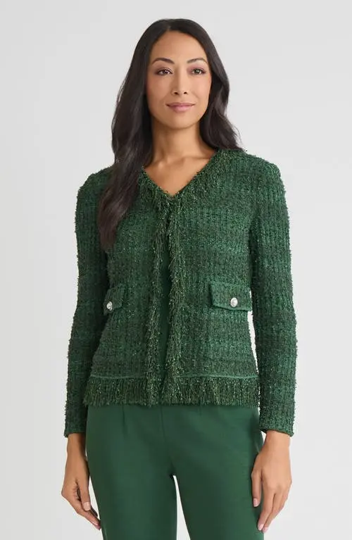 Misook Tailored Knit Jacket With Eyelash Fringe Trim - Green