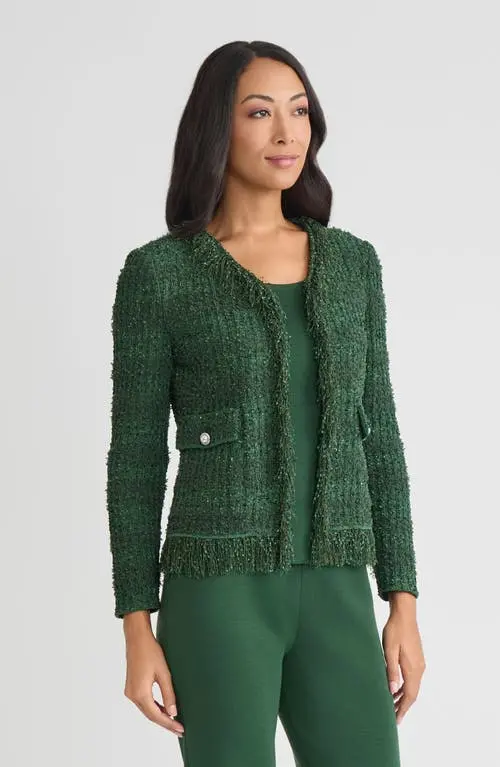 Misook Tailored Knit Jacket With Eyelash Fringe Trim - Green