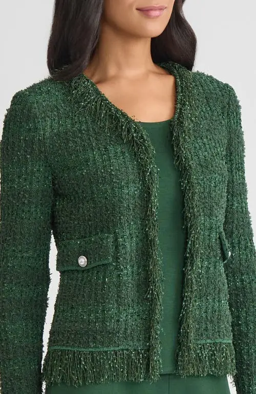 Misook Tailored Knit Jacket With Eyelash Fringe Trim - Green