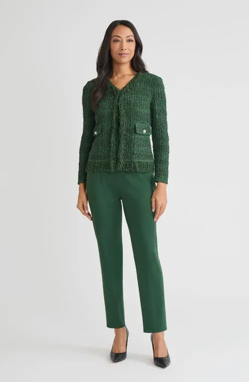 Misook Tailored Knit Jacket With Eyelash Fringe Trim - Green
