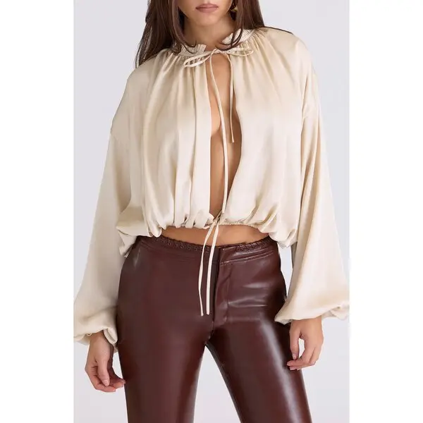 House Of Cb Satin Open-front Top - Ecru