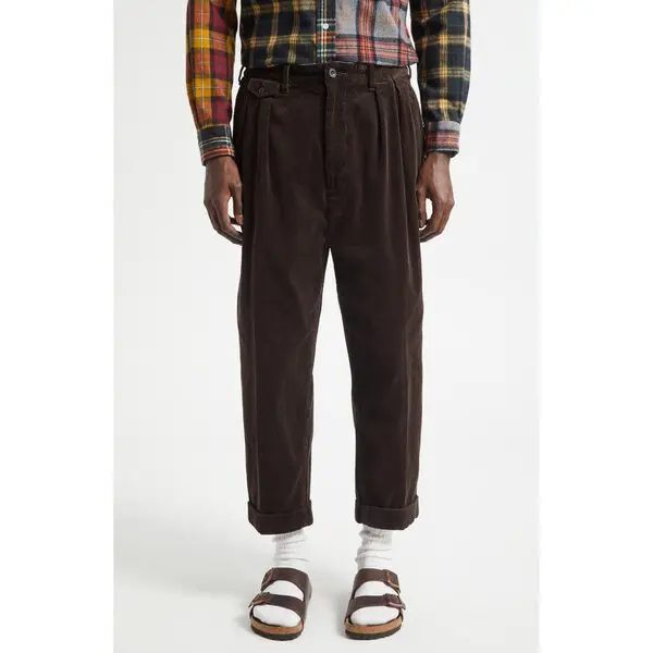 BEAMS Pleated Corduroy Tapered Leg Trousers - Dark Brown