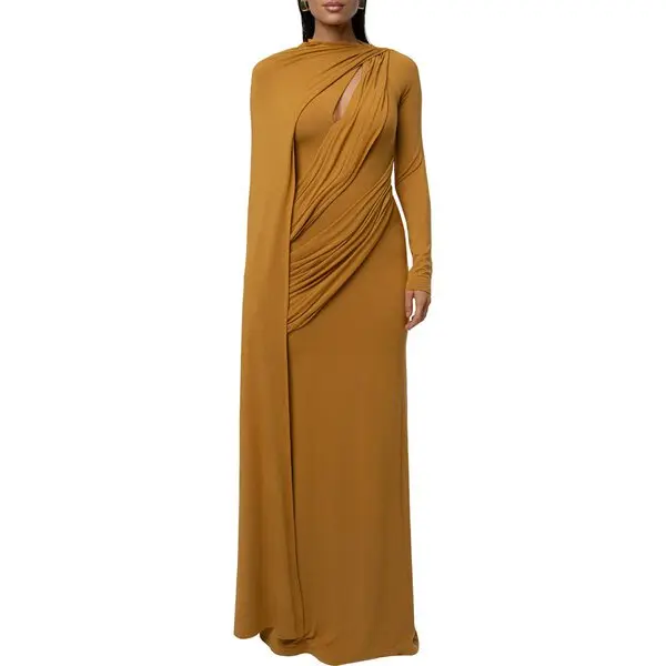 JLUXLABEL Draped Long Sleeve Gown - Gold