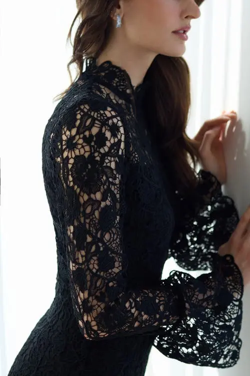 VASILIKI Leila High Neck Lace Dress - Black