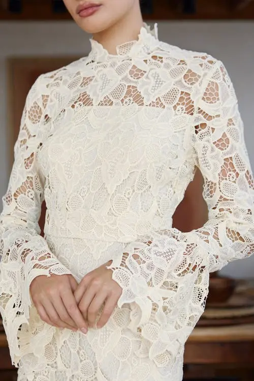 VASILIKI Leila High Neck Lace Dress - Cream