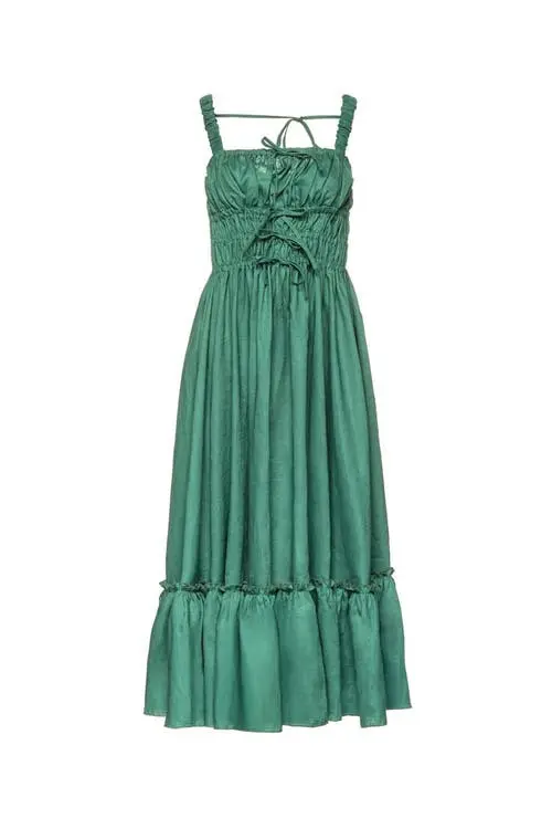 VASILIKI Amara Ruched Linen Midi Dress - Emerald