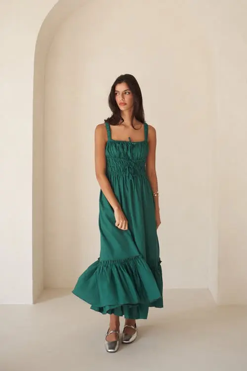 VASILIKI Amara Ruched Linen Midi Dress - Emerald