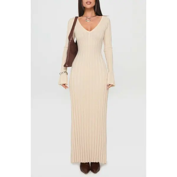 Princess Polly Gratuita Long Sleeve Maxi Sweater Dress - Cream